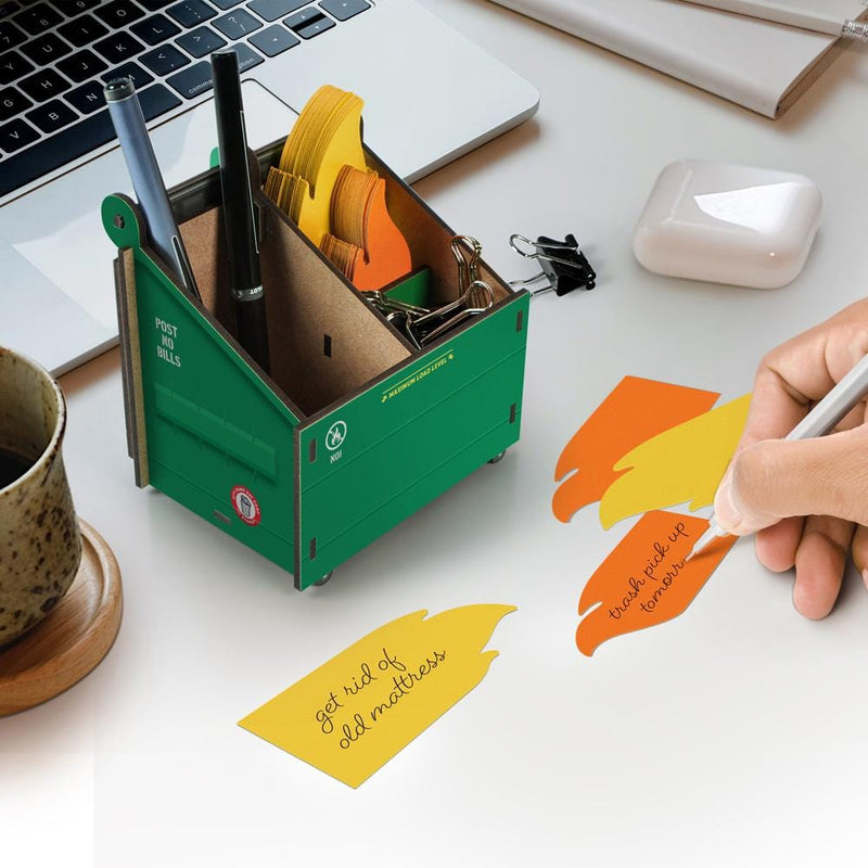 DESK DUMPSTER | Dumpster Fire Pencil Holder with Flame Note Cards
